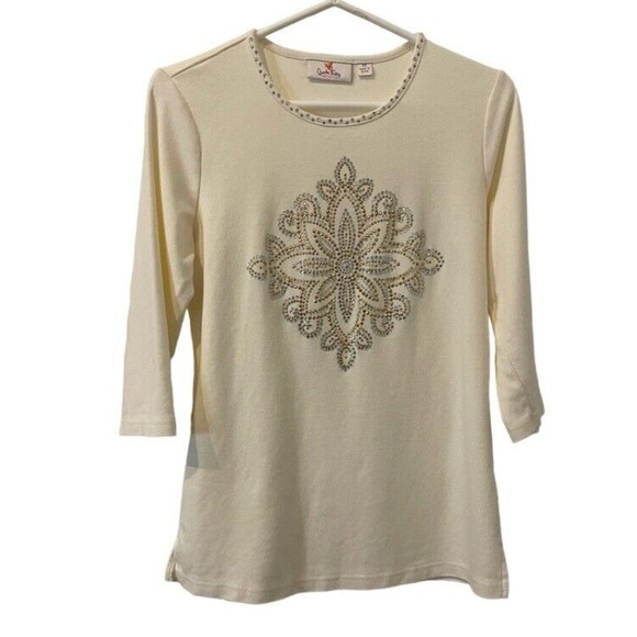 Quacker Factory | Tops | Quaker Factory 34 Sleeve Cream Embellished ...